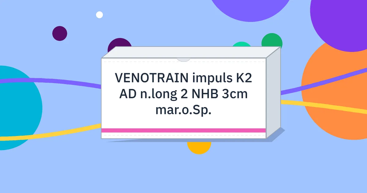 Symbolbild: Packung mit der Aufschrift VENOTRAIN impuls K2 AD n.long 2 NHB 3cm mar.o.Sp. (PZN 15223792) – Verfügbarkeit und Bezug in Apotheken in Frankfurt am Main