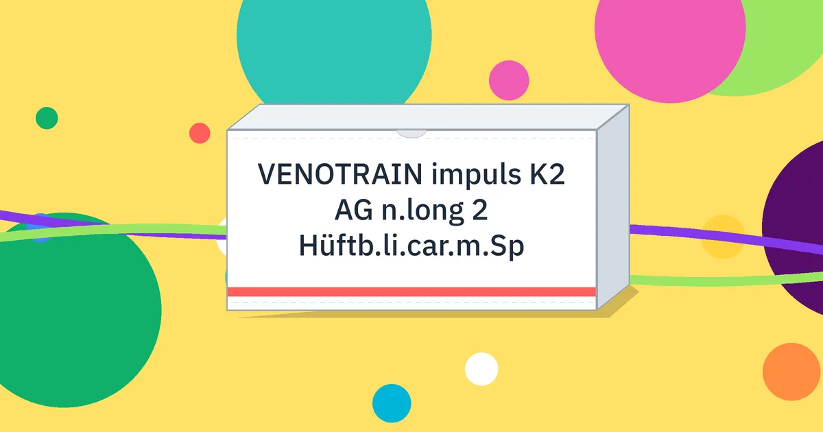 Symbolbild: Packung mit der Aufschrift VENOTRAIN impuls K2 AG n.long 2 Hüftb.li.car.m.Sp (PZN 10294445) – Verfügbarkeit und Bezug in Apotheken in Frankfurt am Main