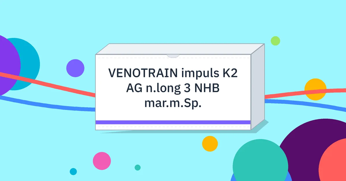 Symbolbild: Packung mit der Aufschrift VENOTRAIN impuls K2 AG n.long 3 NHB mar.m.Sp. (PZN 15214103) – Verfügbarkeit und Bezug in Apotheken in Frankfurt am Main