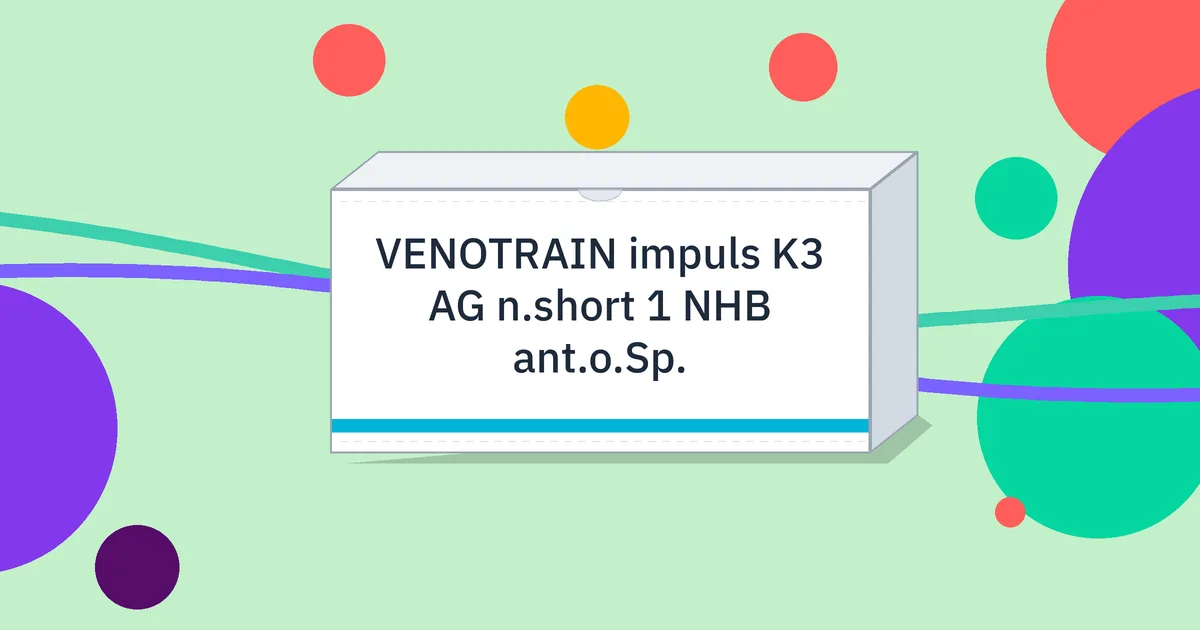 Symbolbild: Packung mit der Aufschrift VENOTRAIN impuls K3 AG n.short 1 NHB ant.o.Sp. (PZN 15216094) – Verfügbarkeit und Bezug in Apotheken in Frankfurt am Main