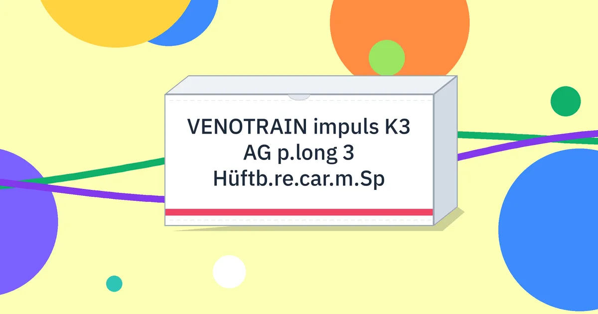 Symbolbild: Packung mit der Aufschrift VENOTRAIN impuls K3 AG p.long 3 Hüftb.re.car.m.Sp (PZN 10293718) – Verfügbarkeit und Bezug in Apotheken in Frankfurt am Main