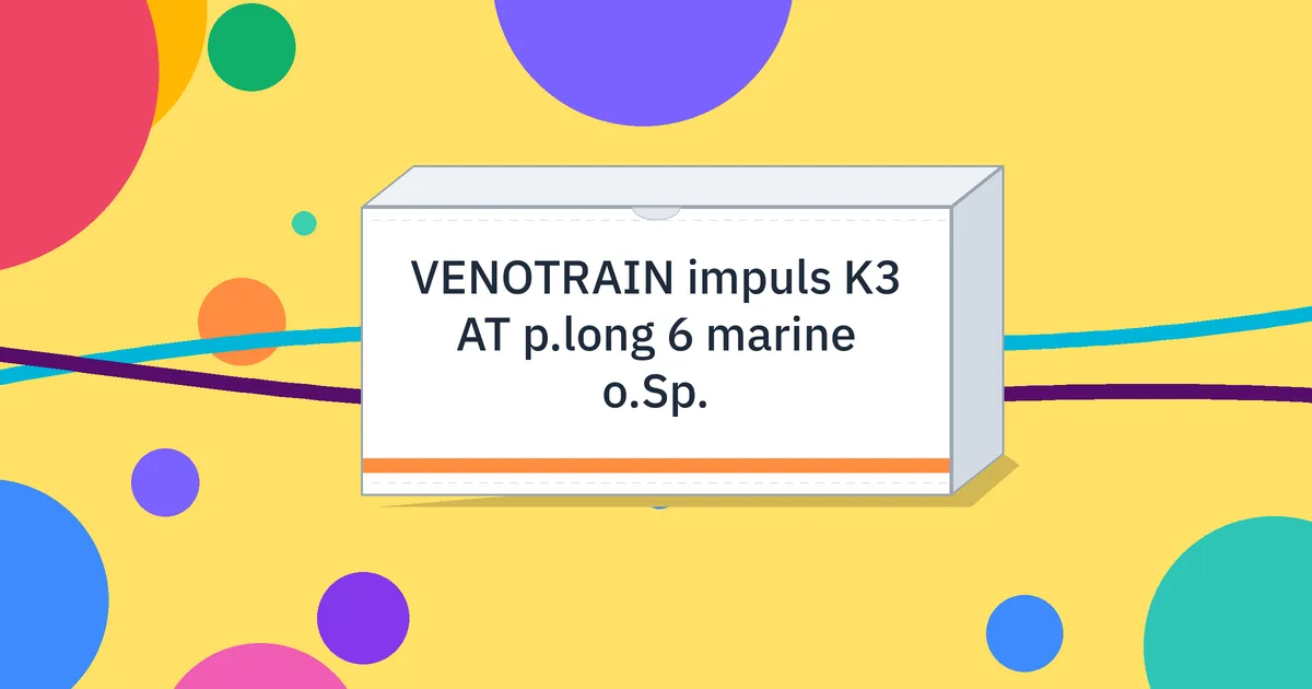 Symbolbild: Packung mit der Aufschrift VENOTRAIN impuls K3 AT p.long 6 marine o.Sp. (PZN 19356053) – Verfügbarkeit und Bezug in Apotheken in Frankfurt am Main
