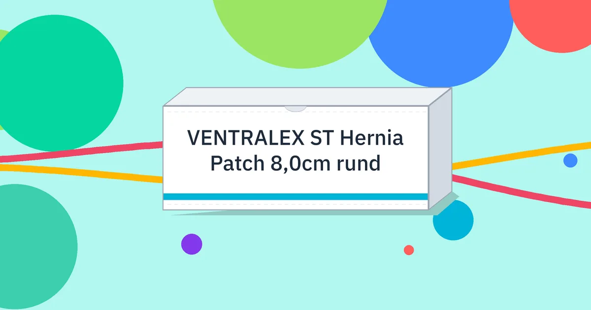 Symbolbild: Packung mit der Aufschrift VENTRALEX ST Hernia Patch 8,0cm rund (PZN 09485051) – Verfügbarkeit und Bezug in Apotheken in Frankfurt am Main