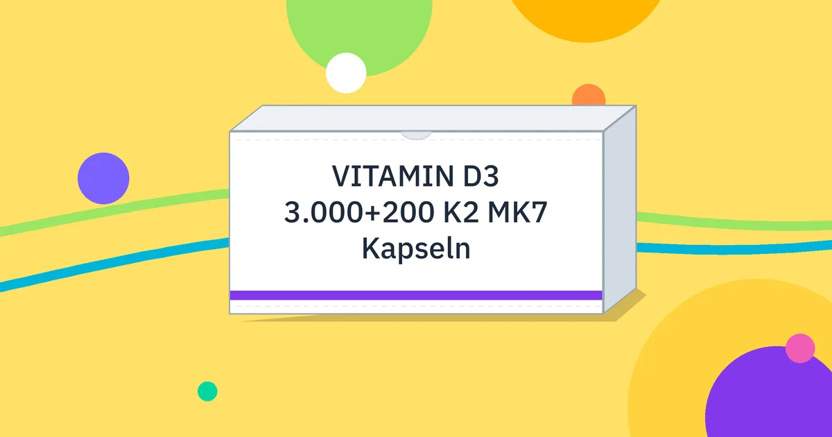 Symbolbild: Packung mit der Aufschrift VITAMIN D3 3.000+200 K2 MK7 Kapseln (PZN 18666254) – Verfügbarkeit und Bezug in Apotheken in Frankfurt am Main