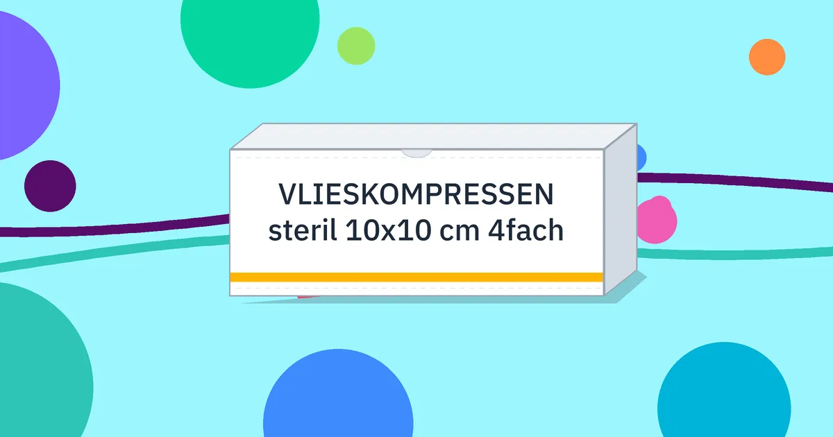 Symbolbild: Packung mit der Aufschrift VLIESKOMPRESSEN steril 10x10 cm 4fach (PZN 12350774) – Verfügbarkeit und Bezug in Apotheken in Frankfurt am Main