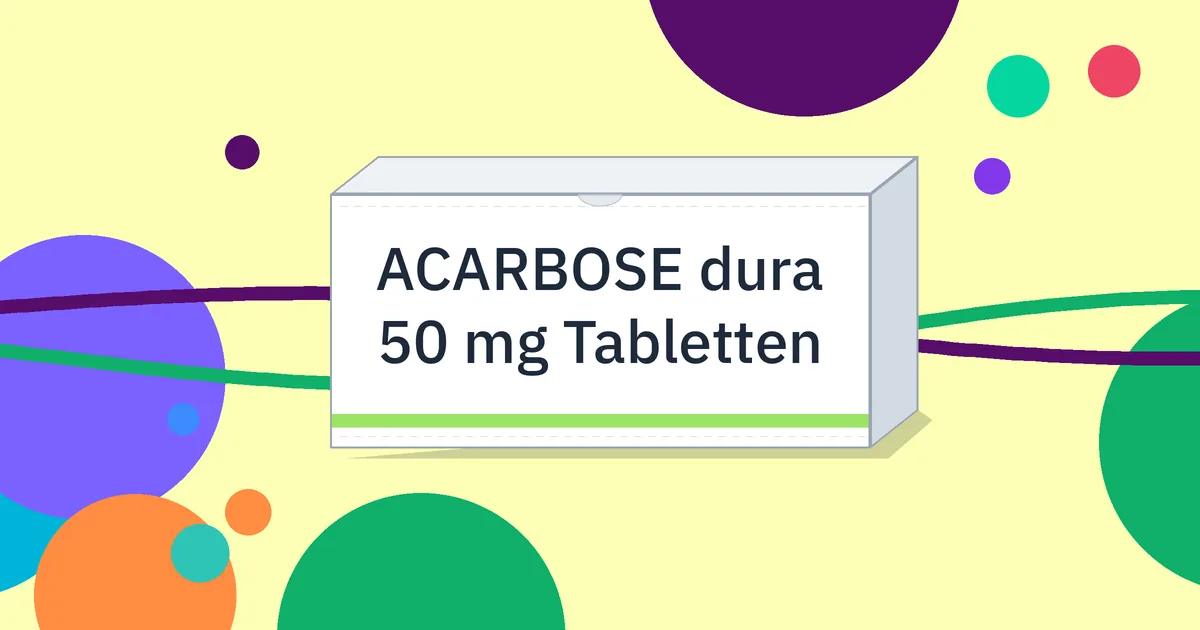 Symbolbild: Packung mit der Aufschrift ACARBOSE dura 50 mg Tabletten (PZN 05502574) – Verfügbarkeit und Bezug in Apotheken in Frankfurt am Main