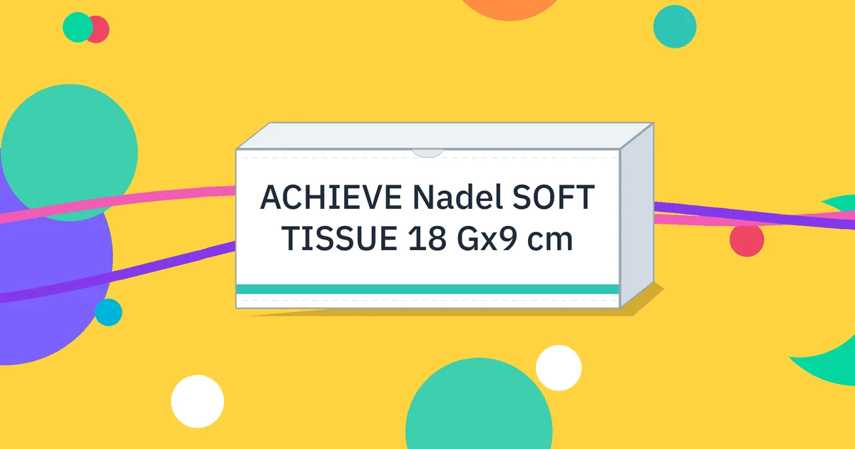 Symbolbild: Packung mit der Aufschrift ACHIEVE Nadel SOFT TISSUE 18 Gx9 cm (PZN 18763543) – Verfügbarkeit und Bezug in Apotheken in Frankfurt am Main