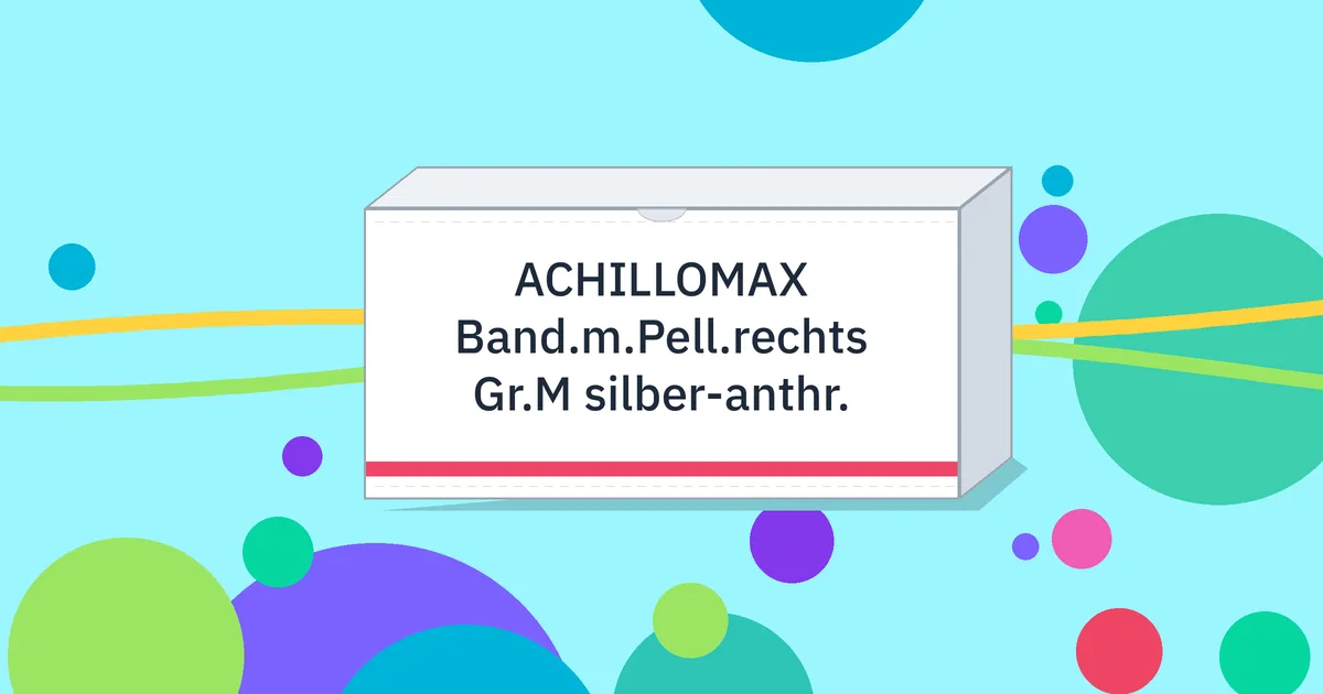 Symbolbild: Packung mit der Aufschrift ACHILLOMAX Band.m.Pell.rechts Gr.M silber-anthr. (PZN 11565691) – Verfügbarkeit und Bezug in Apotheken in Frankfurt am Main
