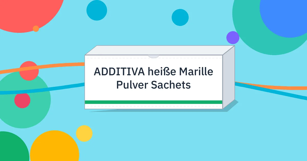 Symbolbild: Packung mit der Aufschrift ADDITIVA heiße Marille Pulver Sachets (PZN 17921394) – Verfügbarkeit und Bezug in Apotheken in Frankfurt am Main