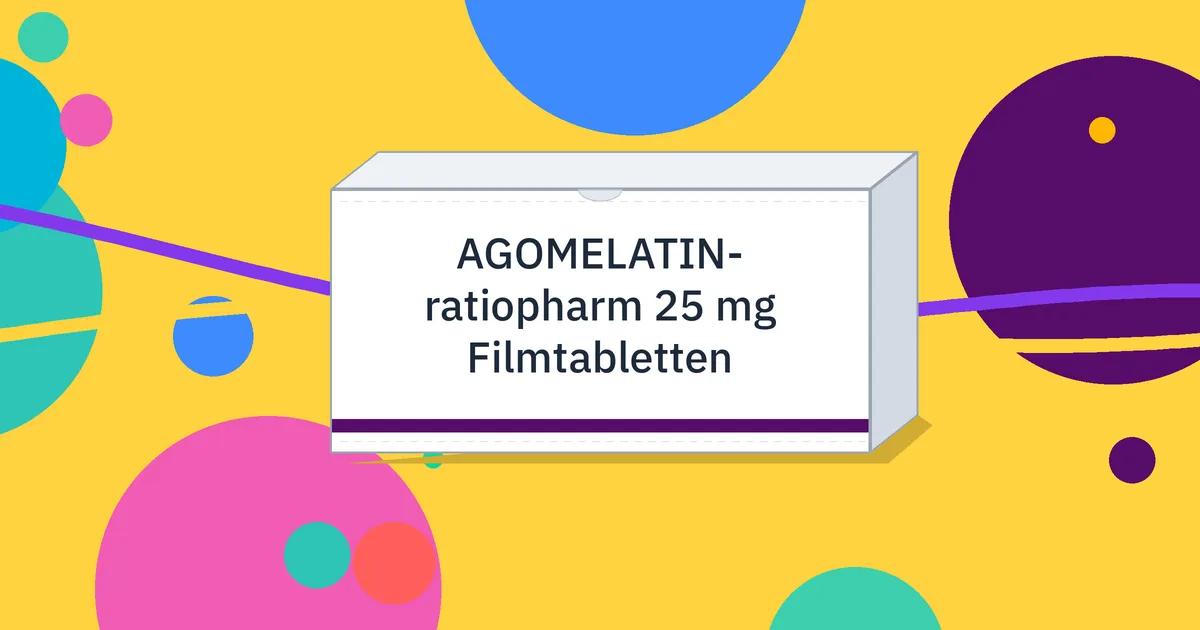 Symbolbild: Packung mit der Aufschrift AGOMELATIN-ratiopharm 25 mg Filmtabletten (PZN 14168513) – Verfügbarkeit und Bezug in Apotheken in Frankfurt am Main