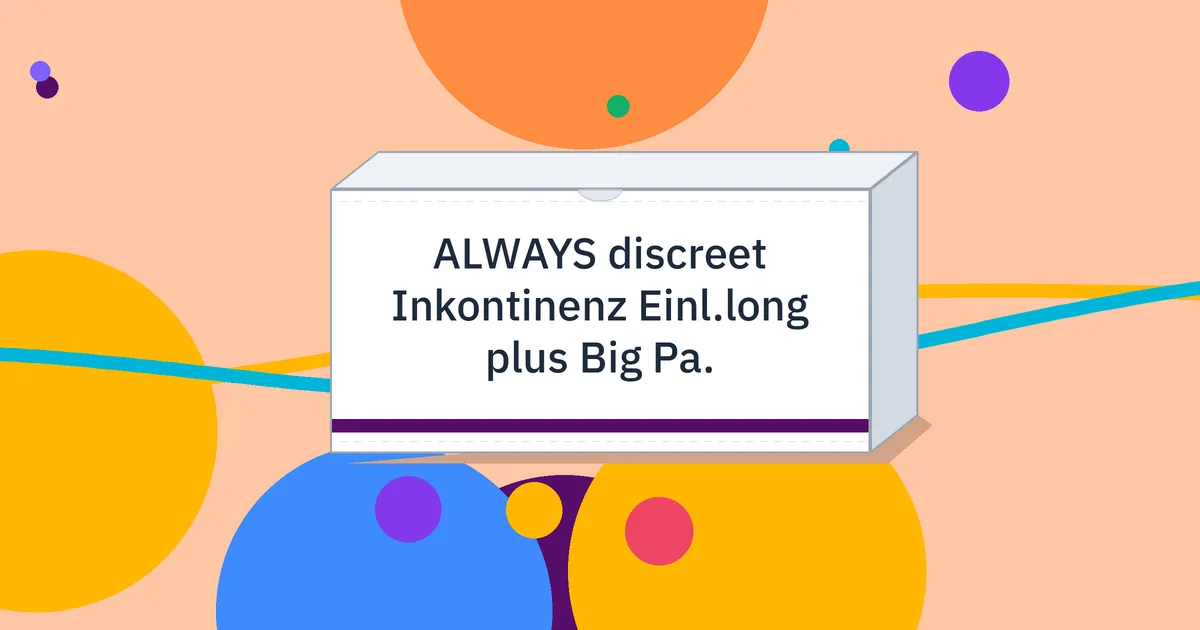 Symbolbild: Packung mit der Aufschrift ALWAYS discreet Inkontinenz Einl.long plus Big Pa. (PZN 18206245) – Verfügbarkeit und Bezug in Apotheken in Frankfurt am Main