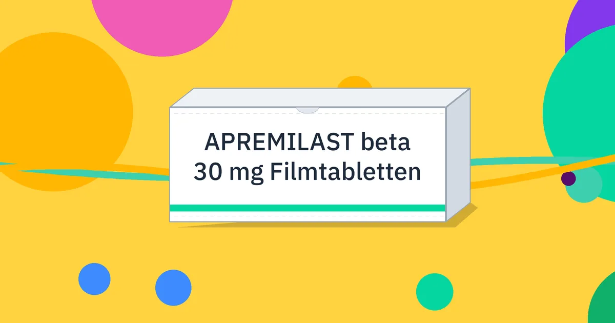 Symbolbild: Packung mit der Aufschrift APREMILAST beta 30 mg Filmtabletten (PZN 20092211) – Verfügbarkeit und Bezug in Apotheken in Frankfurt am Main