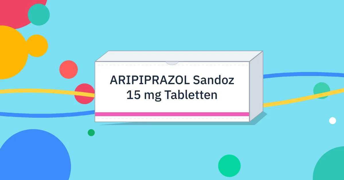 Symbolbild: Packung mit der Aufschrift ARIPIPRAZOL Sandoz 15 mg Tabletten (PZN 19744631) – Verfügbarkeit und Bezug in Apotheken in Frankfurt am Main