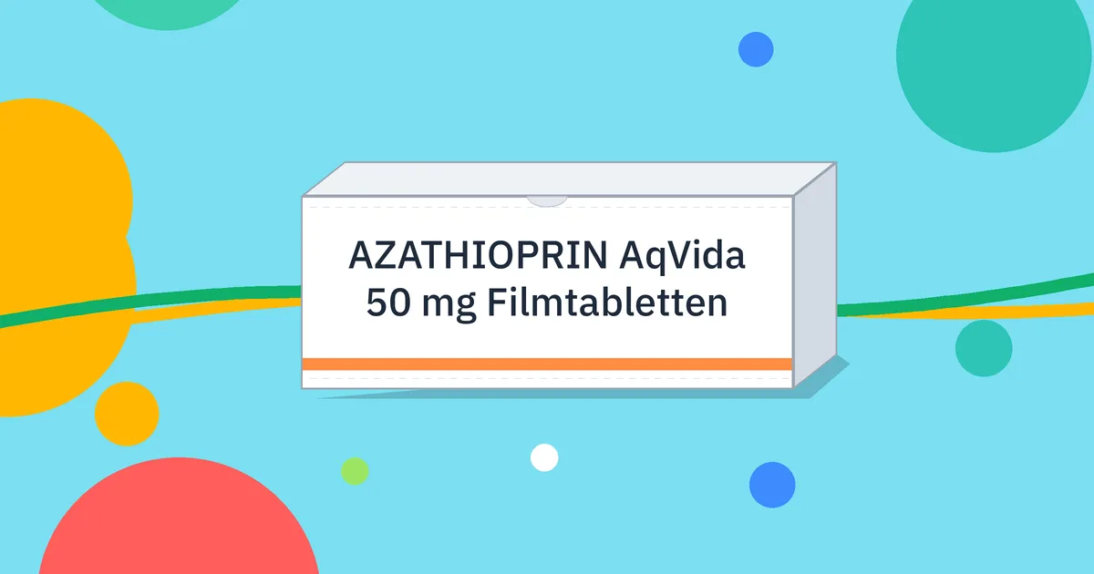 Symbolbild: Packung mit der Aufschrift AZATHIOPRIN AqVida 50 mg Filmtabletten (PZN 16508640) – Verfügbarkeit und Bezug in Apotheken in Frankfurt am Main