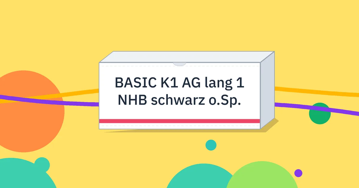 Symbolbild: Packung mit der Aufschrift BASIC K1 AG lang 1 NHB schwarz o.Sp. (PZN 20259467) – Verfügbarkeit und Bezug in Apotheken in Frankfurt am Main
