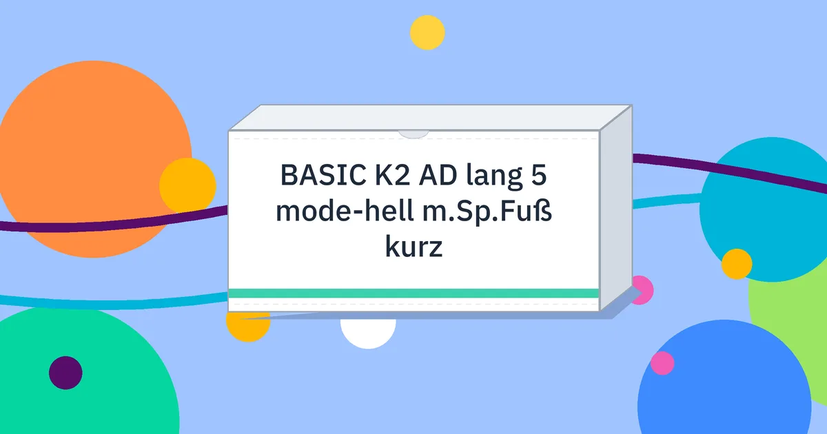 Symbolbild: Packung mit der Aufschrift BASIC K2 AD lang 5 mode-hell m.Sp.Fuß kurz (PZN 20265290) – Verfügbarkeit und Bezug in Apotheken in Frankfurt am Main