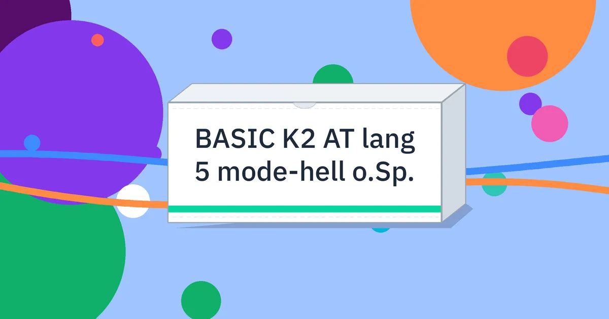 Symbolbild: Packung mit der Aufschrift BASIC K2 AT lang 5 mode-hell o.Sp. (PZN 20269603) – Verfügbarkeit und Bezug in Apotheken in Frankfurt am Main