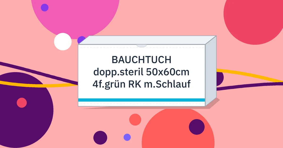 Symbolbild: Packung mit der Aufschrift BAUCHTUCH dopp.steril 50x60cm 4f.grün RK m.Schlauf (PZN 13166469) – Verfügbarkeit und Bezug in Apotheken in Frankfurt am Main