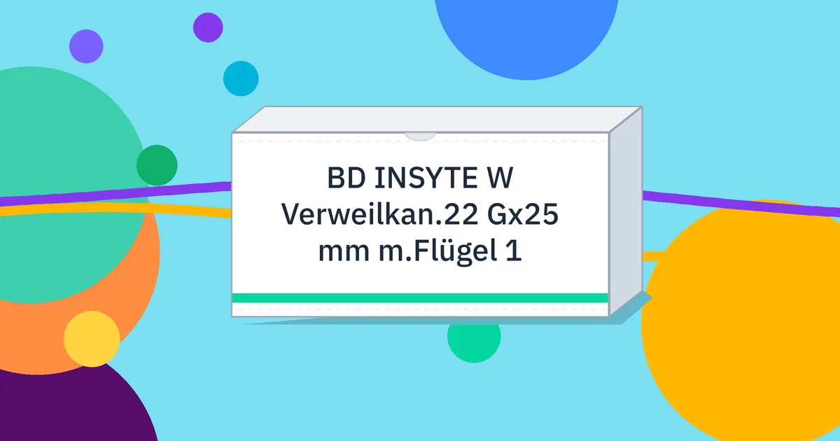 Symbolbild: Packung mit der Aufschrift BD INSYTE W Verweilkan.22 Gx25 mm m.Flügel 1 (PZN 07546392) – Verfügbarkeit und Bezug in Apotheken in Frankfurt am Main