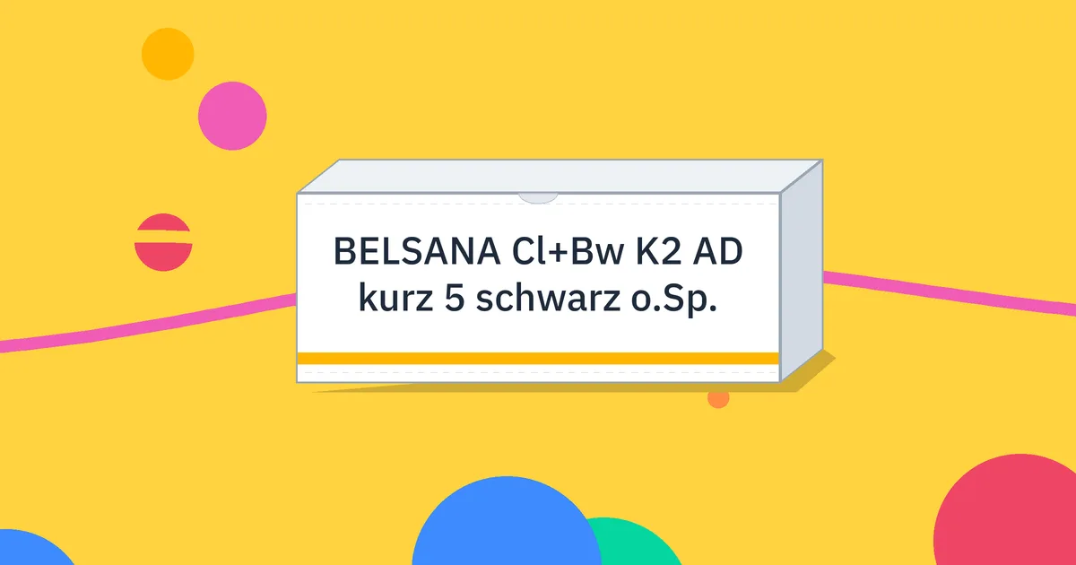 Symbolbild: Packung mit der Aufschrift BELSANA Cl+Bw K2 AD kurz 5 schwarz o.Sp. (PZN 12241683) – Verfügbarkeit und Bezug in Apotheken in Frankfurt am Main