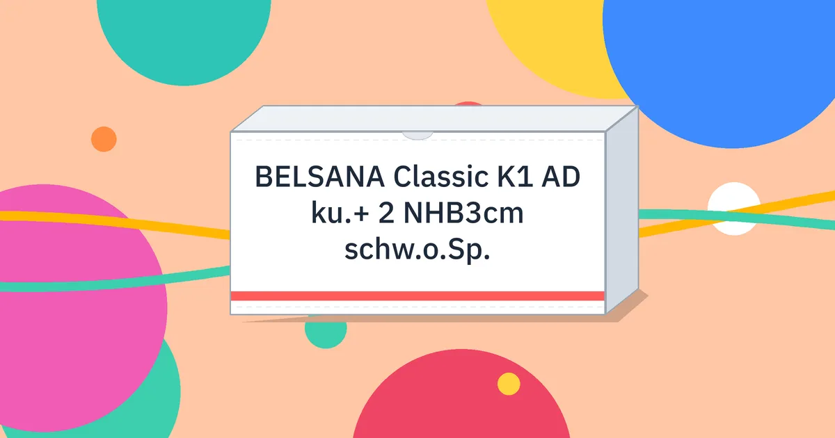Symbolbild: Packung mit der Aufschrift BELSANA Classic K1 AD ku.+ 2 NHB3cm schw.o.Sp. (PZN 19254743) – Verfügbarkeit und Bezug in Apotheken in Frankfurt am Main