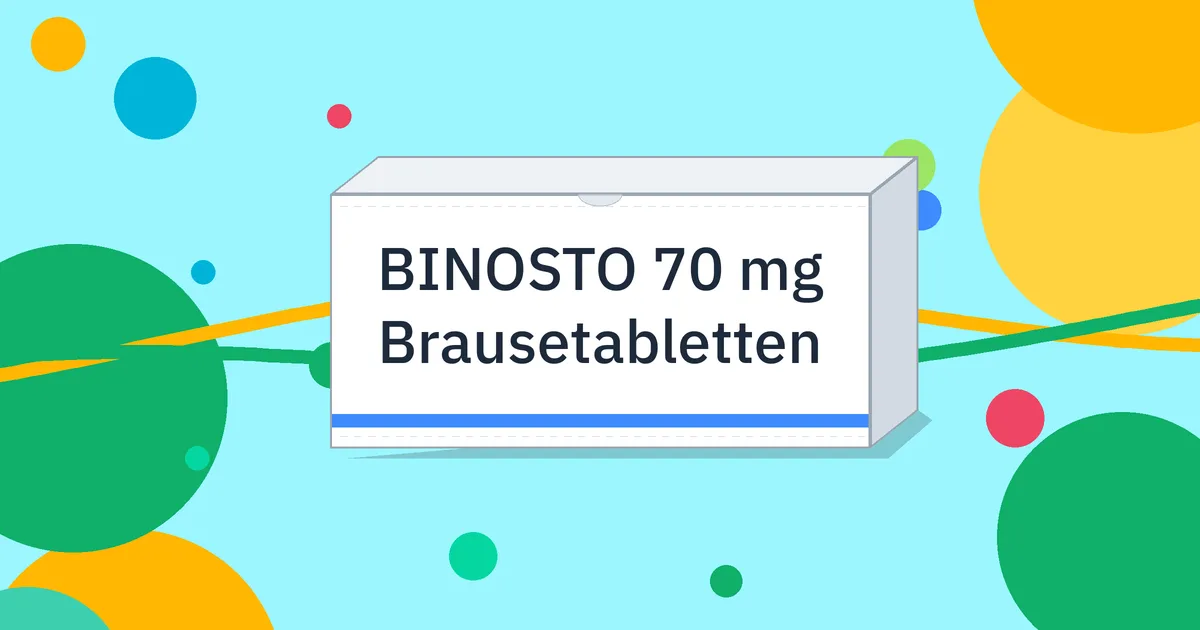 Symbolbild: Packung mit der Aufschrift BINOSTO 70 mg Brausetabletten (PZN 12592537) – Verfügbarkeit und Bezug in Apotheken in Frankfurt am Main
