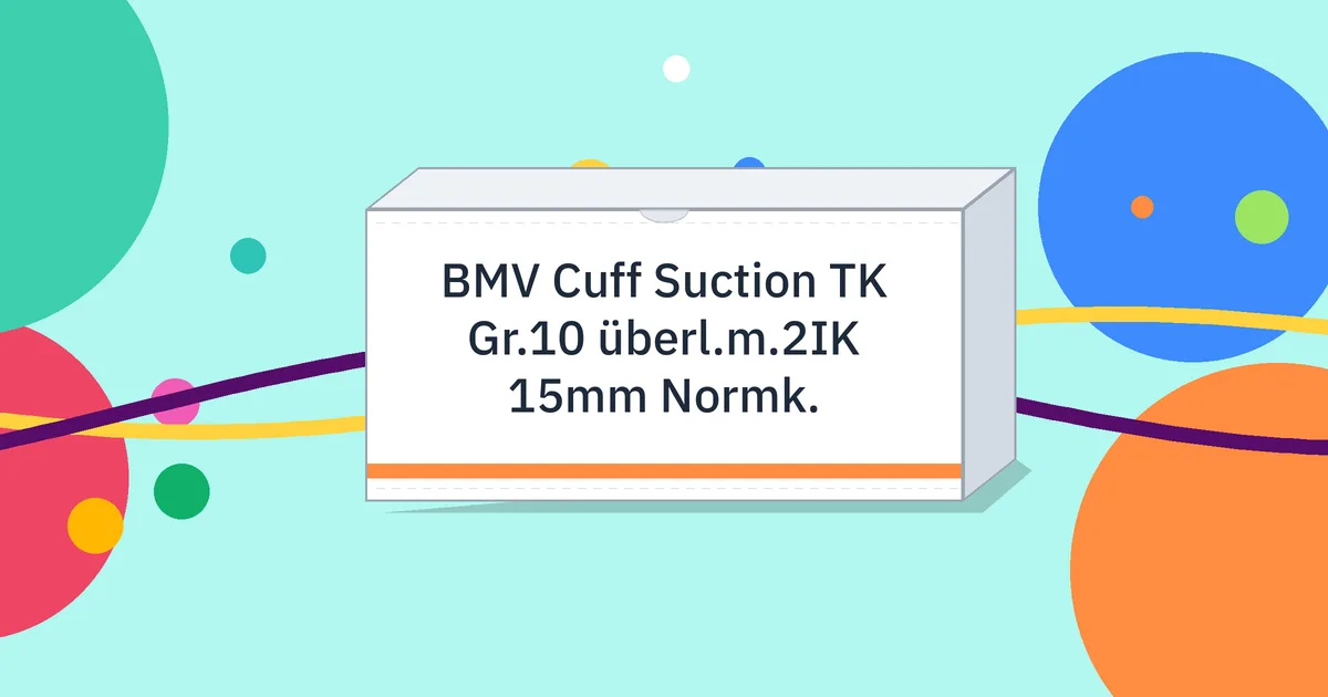 Symbolbild: Packung mit der Aufschrift BMV Cuff Suction TK Gr.10 überl.m.2IK 15mm Normk. (PZN 18383585) – Verfügbarkeit und Bezug in Apotheken in Frankfurt am Main