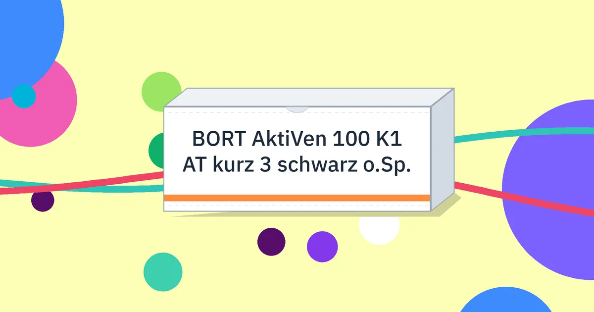 Symbolbild: Packung mit der Aufschrift BORT AktiVen 100 K1 AT kurz 3 schwarz o.Sp. (PZN 14388841) – Verfügbarkeit und Bezug in Apotheken in Frankfurt am Main