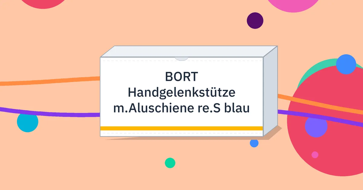 Symbolbild: Packung mit der Aufschrift BORT Handgelenkstütze m.Aluschiene re.S blau (PZN 00945309) – Verfügbarkeit und Bezug in Apotheken in Frankfurt am Main