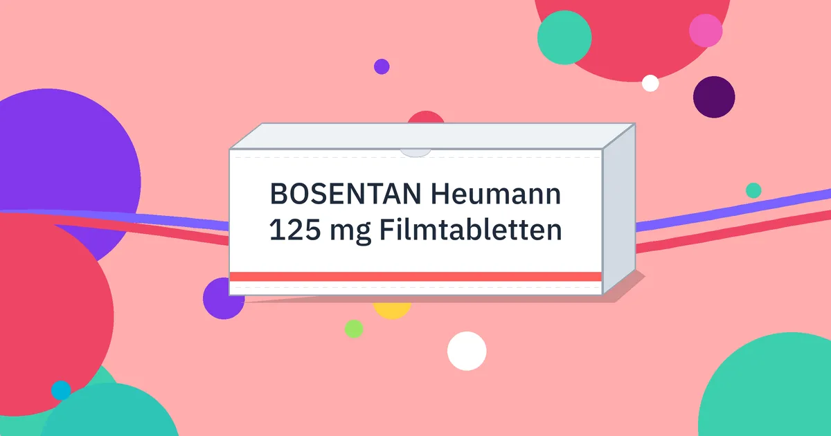 Symbolbild: Packung mit der Aufschrift BOSENTAN Heumann 125 mg Filmtabletten (PZN 12727782) – Verfügbarkeit und Bezug in Apotheken in Frankfurt am Main