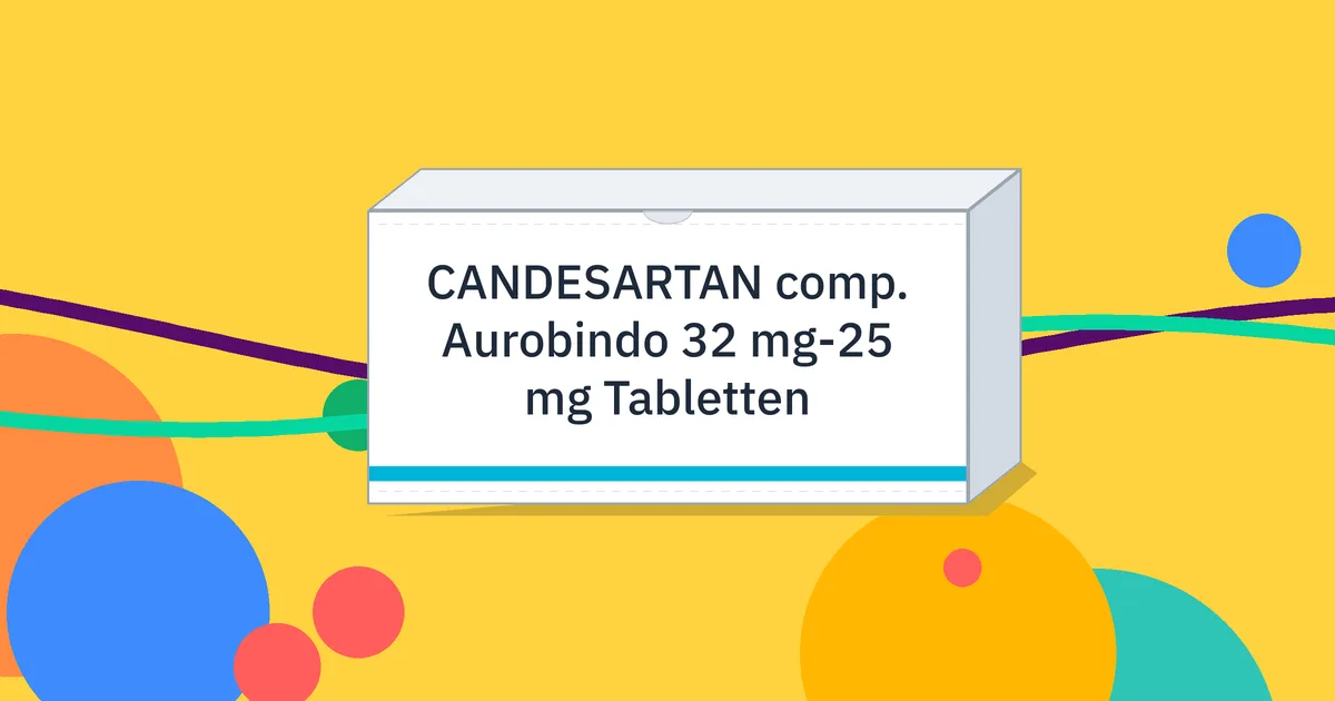 Symbolbild: Packung mit der Aufschrift CANDESARTAN comp. Aurobindo 32 mg-25 mg Tabletten (PZN 11172738) – Verfügbarkeit und Bezug in Apotheken in Frankfurt am Main