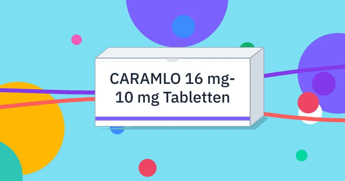 Symbolbild: Packung mit der Aufschrift CARAMLO 16 mg-10 mg Tabletten (PZN 13572956) – Verfügbarkeit und Bezug in Apotheken in Frankfurt am Main