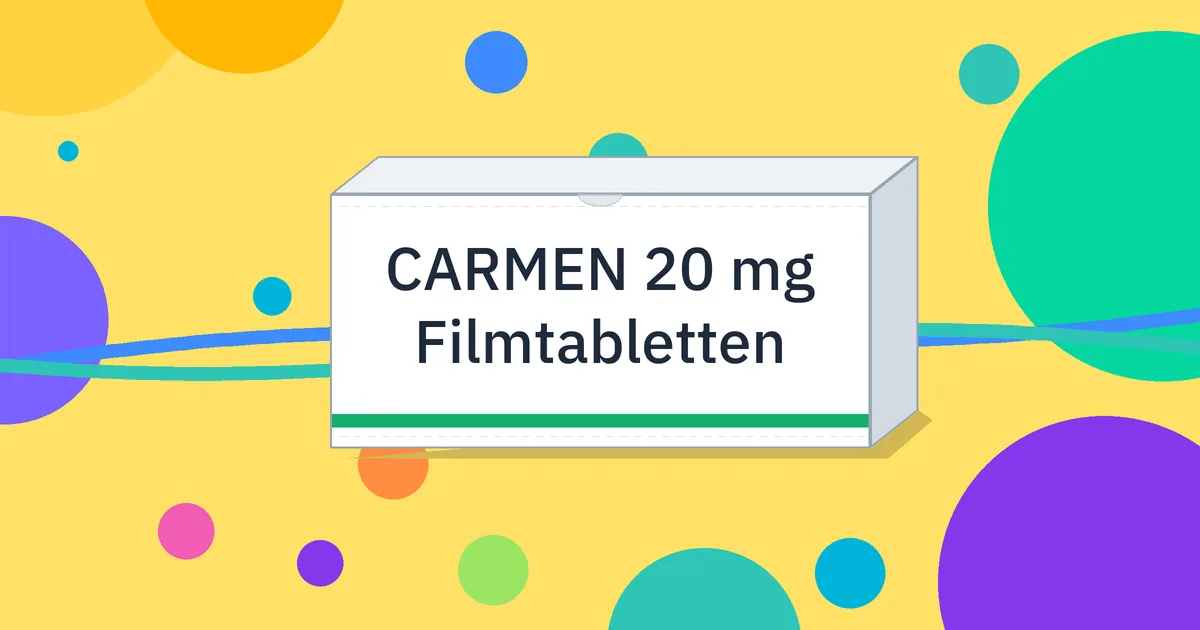 Symbolbild: Packung mit der Aufschrift CARMEN 20 mg Filmtabletten (PZN 00546845) – Verfügbarkeit und Bezug in Apotheken in Frankfurt am Main
