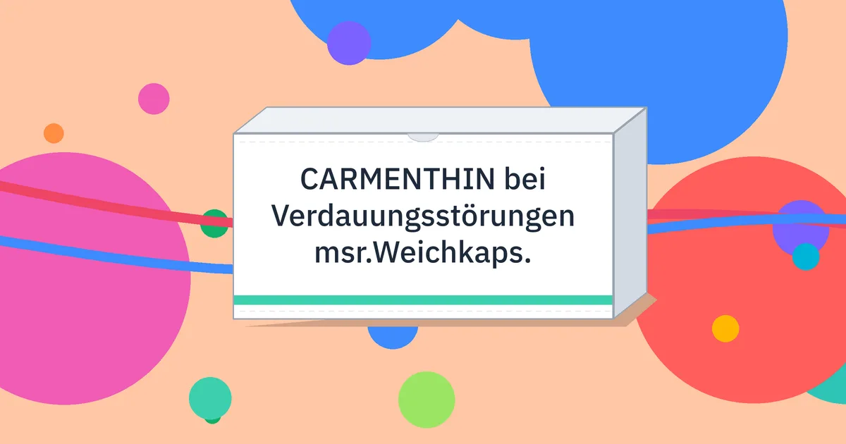 Symbolbild: Packung mit der Aufschrift CARMENTHIN bei Verdauungsstörungen msr.Weichkaps. (PZN 10327624) – Verfügbarkeit und Bezug in Apotheken in Frankfurt am Main