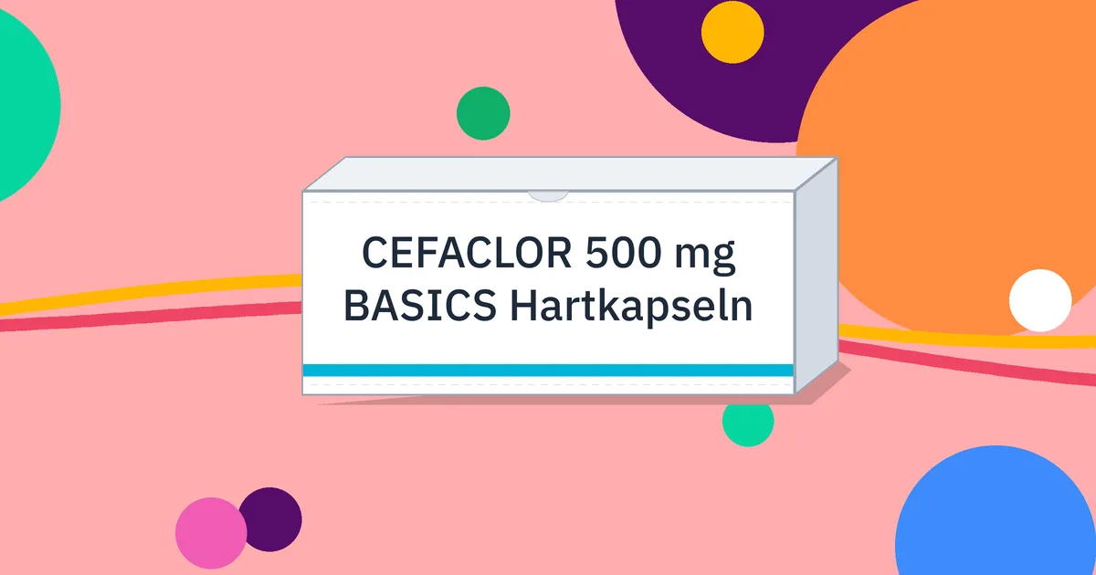 Symbolbild: Packung mit der Aufschrift CEFACLOR 500 mg BASICS Hartkapseln (PZN 00832404) – Verfügbarkeit und Bezug in Apotheken in Frankfurt am Main
