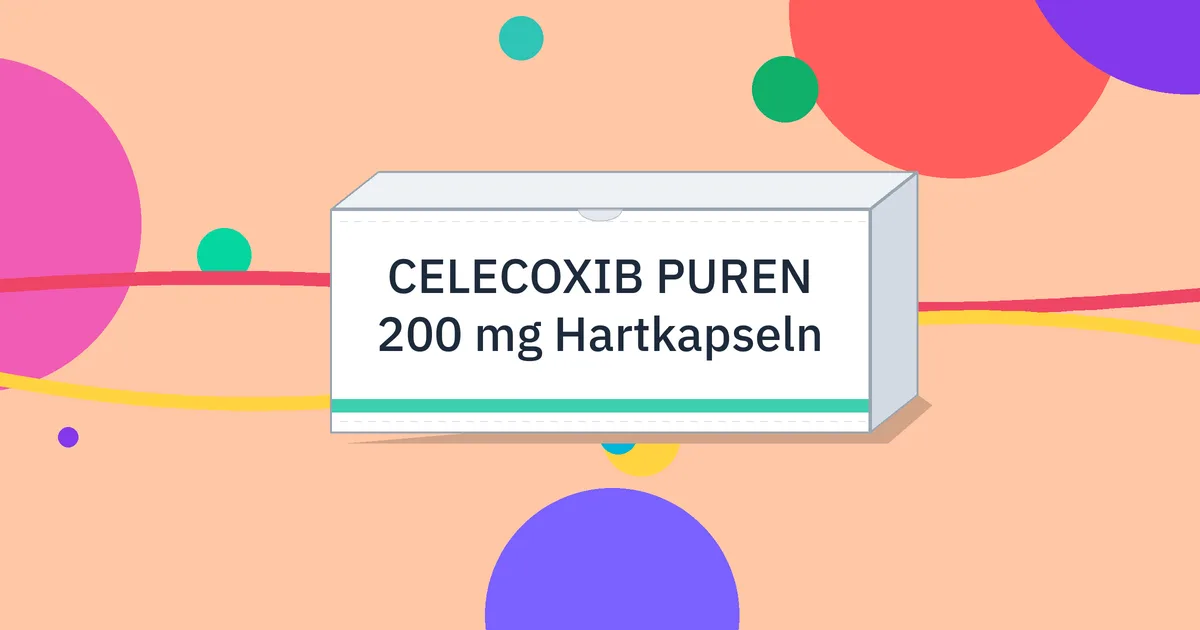 Symbolbild: Packung mit der Aufschrift CELECOXIB PUREN 200 mg Hartkapseln (PZN 13359180) – Verfügbarkeit und Bezug in Apotheken in Frankfurt am Main