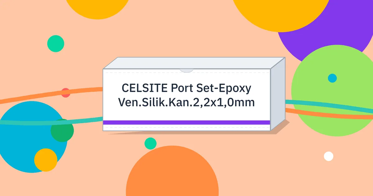 Symbolbild: Packung mit der Aufschrift CELSITE Port Set-Epoxy Ven.Silik.Kan.2,2x1,0mm (PZN 06867786) – Verfügbarkeit und Bezug in Apotheken in Frankfurt am Main