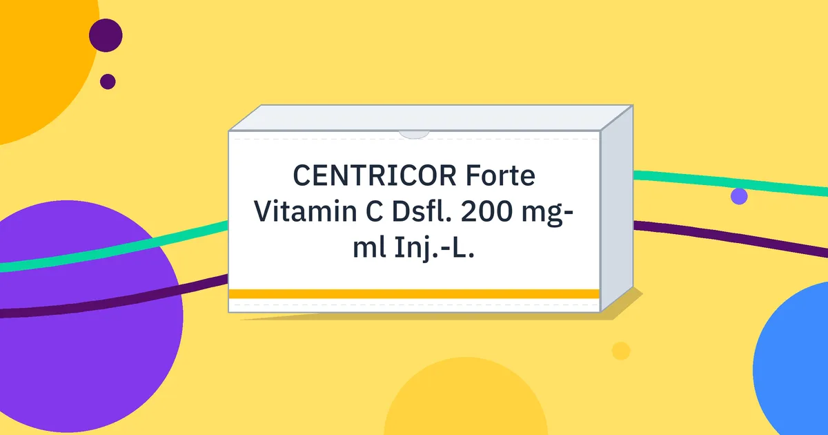 Symbolbild: Packung mit der Aufschrift CENTRICOR Forte Vitamin C Dsfl. 200 mg-ml Inj.-L. (PZN 17830444) – Verfügbarkeit und Bezug in Apotheken in Frankfurt am Main