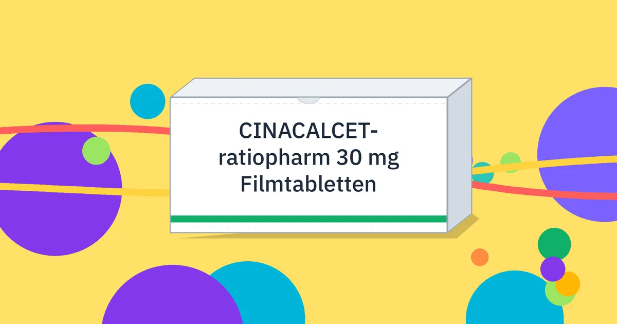 Symbolbild: Packung mit der Aufschrift CINACALCET-ratiopharm 30 mg Filmtabletten (PZN 16129902) – Verfügbarkeit und Bezug in Apotheken in Frankfurt am Main