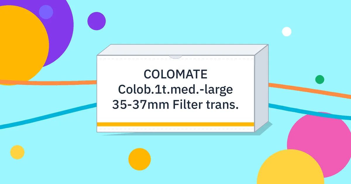 Symbolbild: Packung mit der Aufschrift COLOMATE Colob.1t.med.-large 35-37mm Filter trans. (PZN 10098419) – Verfügbarkeit und Bezug in Apotheken in Frankfurt am Main