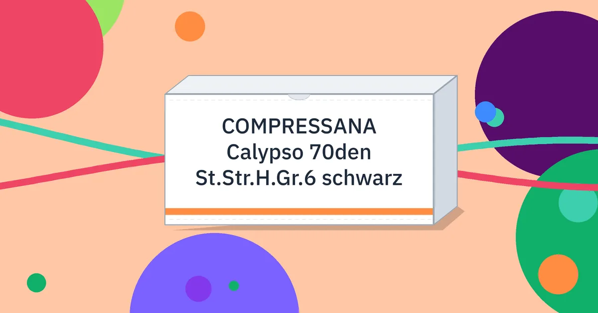 Symbolbild: Packung mit der Aufschrift COMPRESSANA Calypso 70den St.Str.H.Gr.6 schwarz (PZN 07718947) – Verfügbarkeit und Bezug in Apotheken in Frankfurt am Main