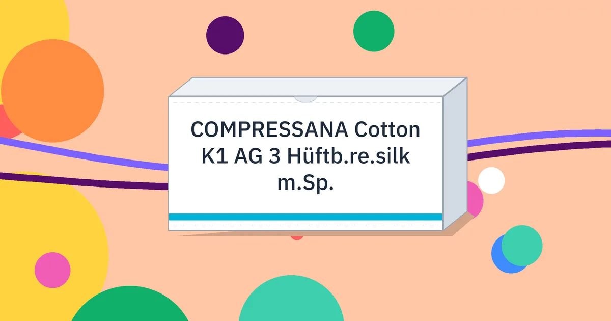 Symbolbild: Packung mit der Aufschrift COMPRESSANA Cotton K1 AG 3 Hüftb.re.silk m.Sp. (PZN 12980498) – Verfügbarkeit und Bezug in Apotheken in Frankfurt am Main