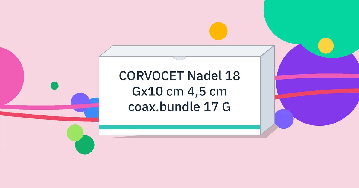 Symbolbild: Packung mit der Aufschrift CORVOCET Nadel 18 Gx10 cm 4,5 cm coax.bundle 17 G (PZN 18764146) – Verfügbarkeit und Bezug in Apotheken in Frankfurt am Main