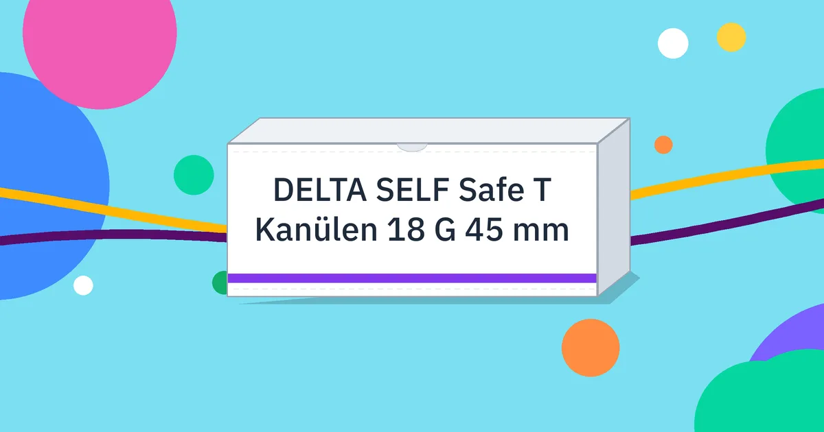 Symbolbild: Packung mit der Aufschrift DELTA SELF Safe T Kanülen 18 G 45 mm (PZN 07766372) – Verfügbarkeit und Bezug in Apotheken in Frankfurt am Main