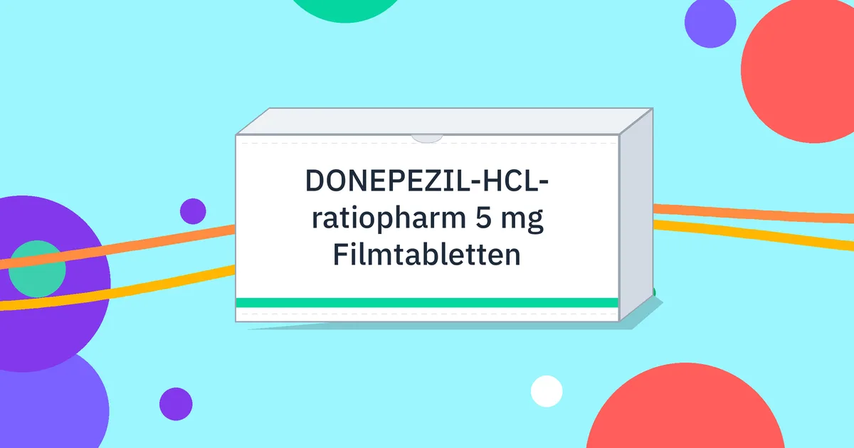Symbolbild: Packung mit der Aufschrift DONEPEZIL-HCL-ratiopharm 5 mg Filmtabletten (PZN 08885593) – Verfügbarkeit und Bezug in Apotheken in Frankfurt am Main