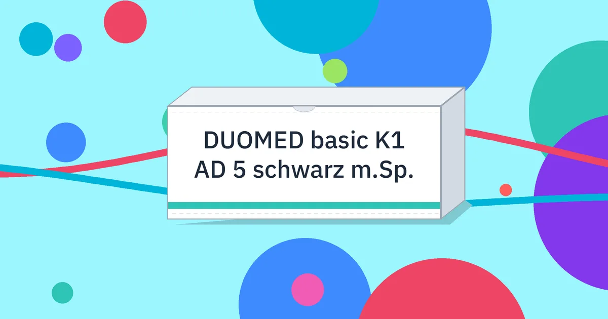 Symbolbild: Packung mit der Aufschrift DUOMED basic K1 AD 5 schwarz m.Sp. (PZN 20903460) – Verfügbarkeit und Bezug in Apotheken in Frankfurt am Main