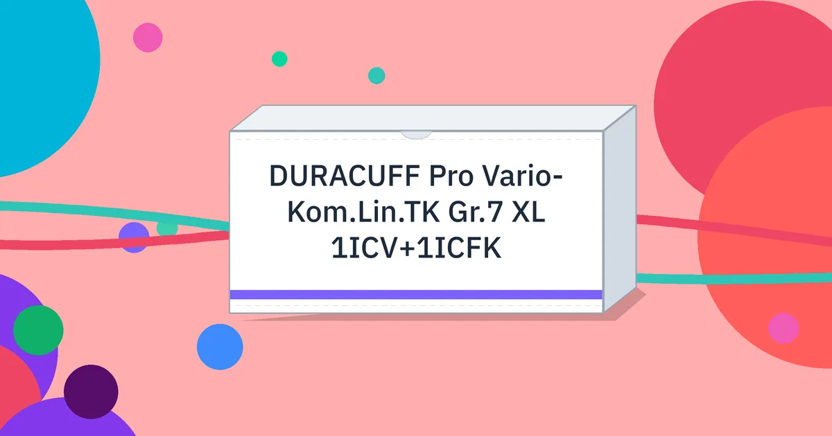 Symbolbild: Packung mit der Aufschrift DURACUFF Pro Vario-Kom.Lin.TK Gr.7 XL 1ICV+1ICFK (PZN 19246117) – Verfügbarkeit und Bezug in Apotheken in Frankfurt am Main