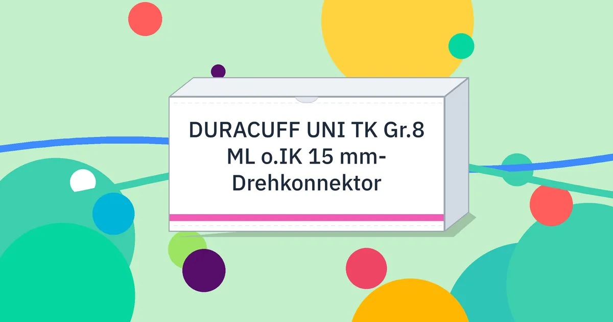 Symbolbild: Packung mit der Aufschrift DURACUFF UNI TK Gr.8 ML o.IK 15 mm-Drehkonnektor (PZN 04960961) – Verfügbarkeit und Bezug in Apotheken in Frankfurt am Main