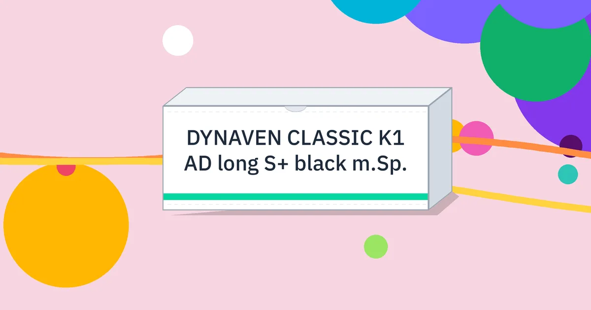 Symbolbild: Packung mit der Aufschrift DYNAVEN CLASSIC K1 AD long S+ black m.Sp. (PZN 18414802) – Verfügbarkeit und Bezug in Apotheken in Frankfurt am Main