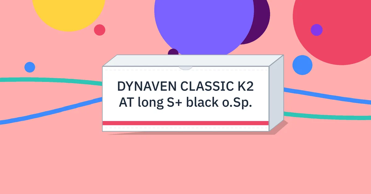 Symbolbild: Packung mit der Aufschrift DYNAVEN CLASSIC K2 AT long S+ black o.Sp. (PZN 18418912) – Verfügbarkeit und Bezug in Apotheken in Frankfurt am Main
